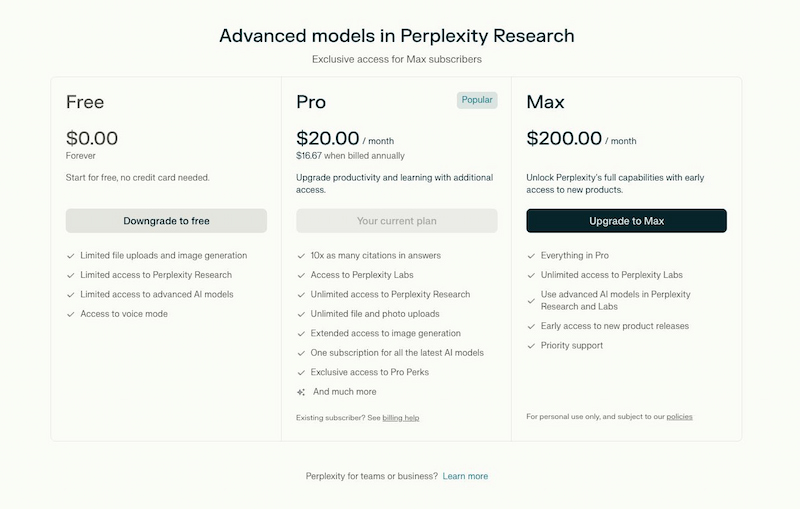 Bảng giá Perplexity AI 2025: So sánh chi tiết các gói Free, Pro và Max ...